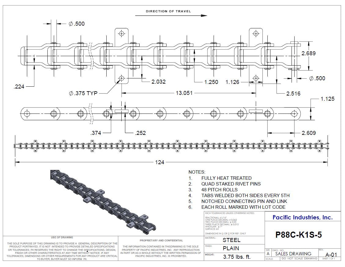 88C-K1S-5 Pintle Chain with K1S Attachments every 5th Link - 10FT Roll ...