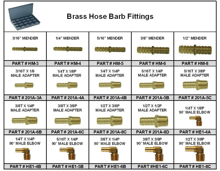 Brass Hose Barb Pipe Fitting Assortment in 20 Hole Metal Durham Tray ...